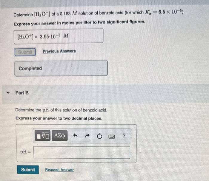 Solved Determine [H3O+]of a 0.163M solution of benzoic acid | Chegg.com