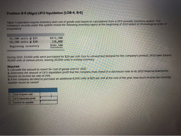 Solved Problem 8-9 (Algo) LIFO liquidation [LO8-4, 8-6) | Chegg.com