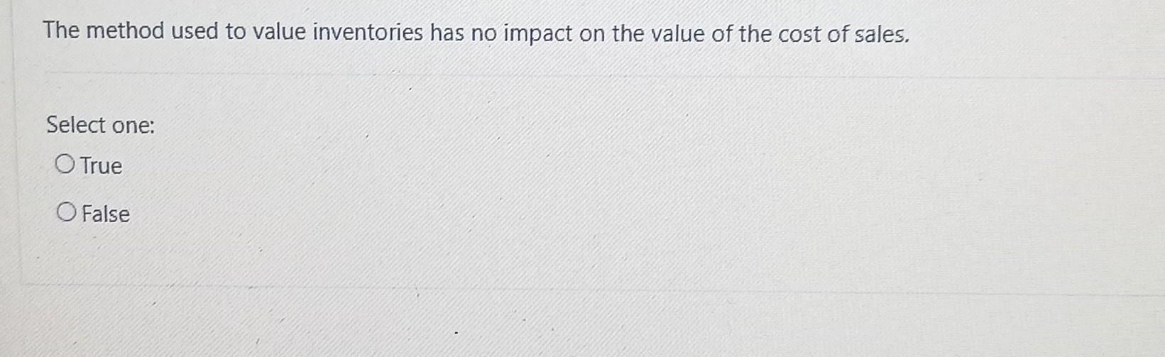 Solved The method used to value inventories has no impact on | Chegg.com