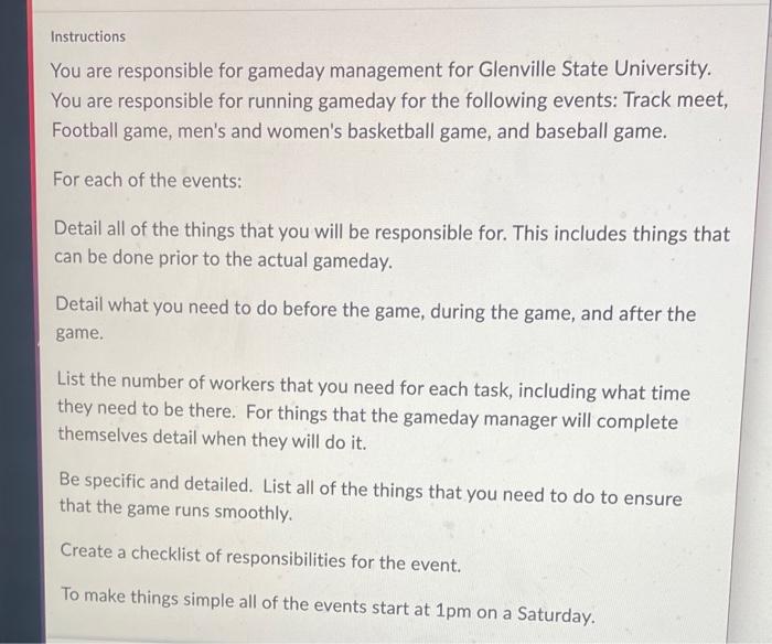 Solved gameday management assignent for a the college listed | Chegg.com