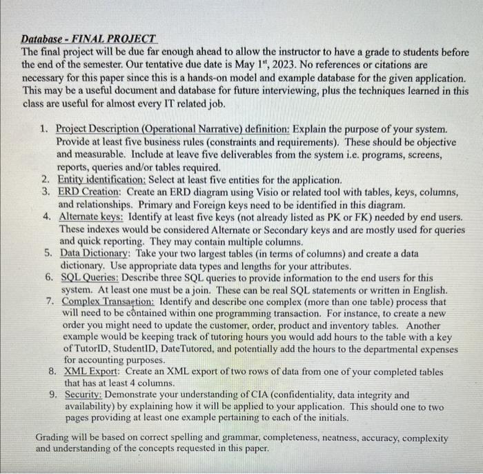 Database - FINAL PROJECT The final project will be | Chegg.com