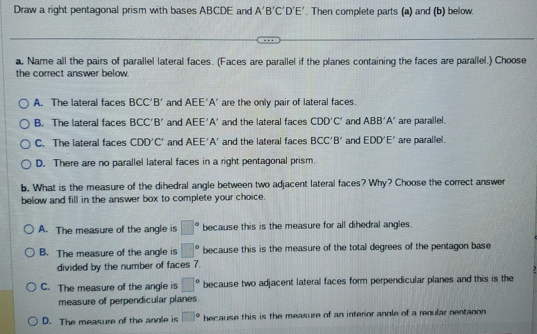 Solved Draw a right pentagonal prism with bases ABCDE and | Chegg.com