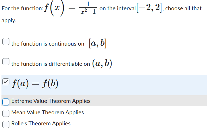 Solved For the function: f(x)=1x2-1 ﻿on the interval -2,2, | Chegg.com