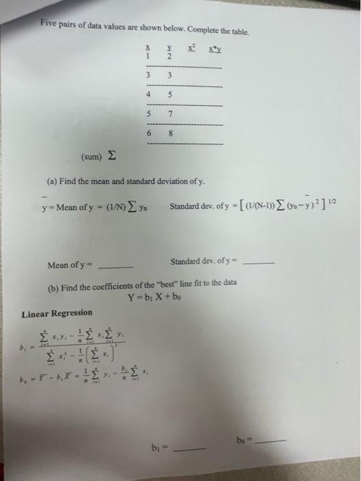 Solved Five Pairs Of Data Values Are Shown Below. Complete 