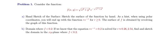 Solved Problem 1. Consider the function: f(x,y)=x2+y2e−x2+y2 | Chegg.com