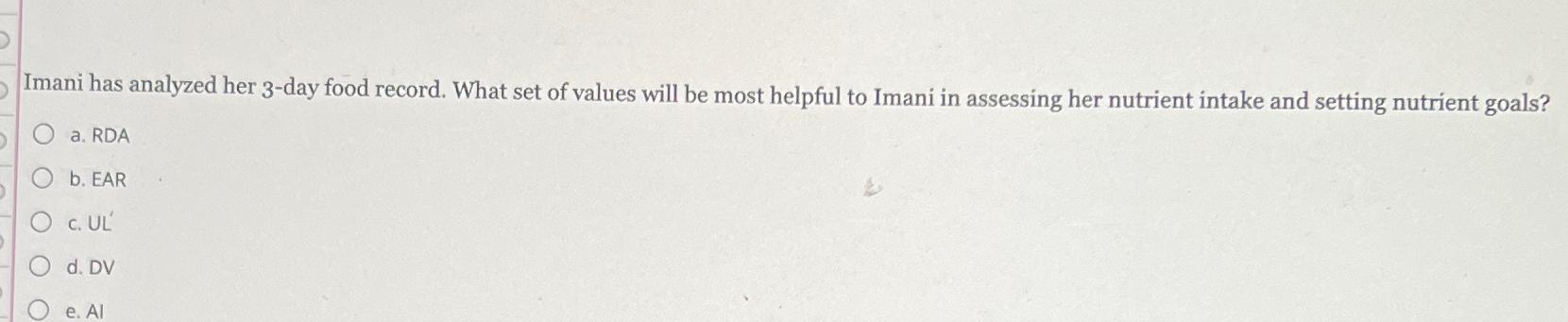 Solved Imani has analyzed her 3 -day food record. What set | Chegg.com
