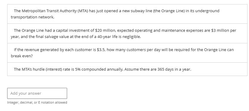 Solved The Metropolitan Transit Authority (MTA) ﻿has just | Chegg.com