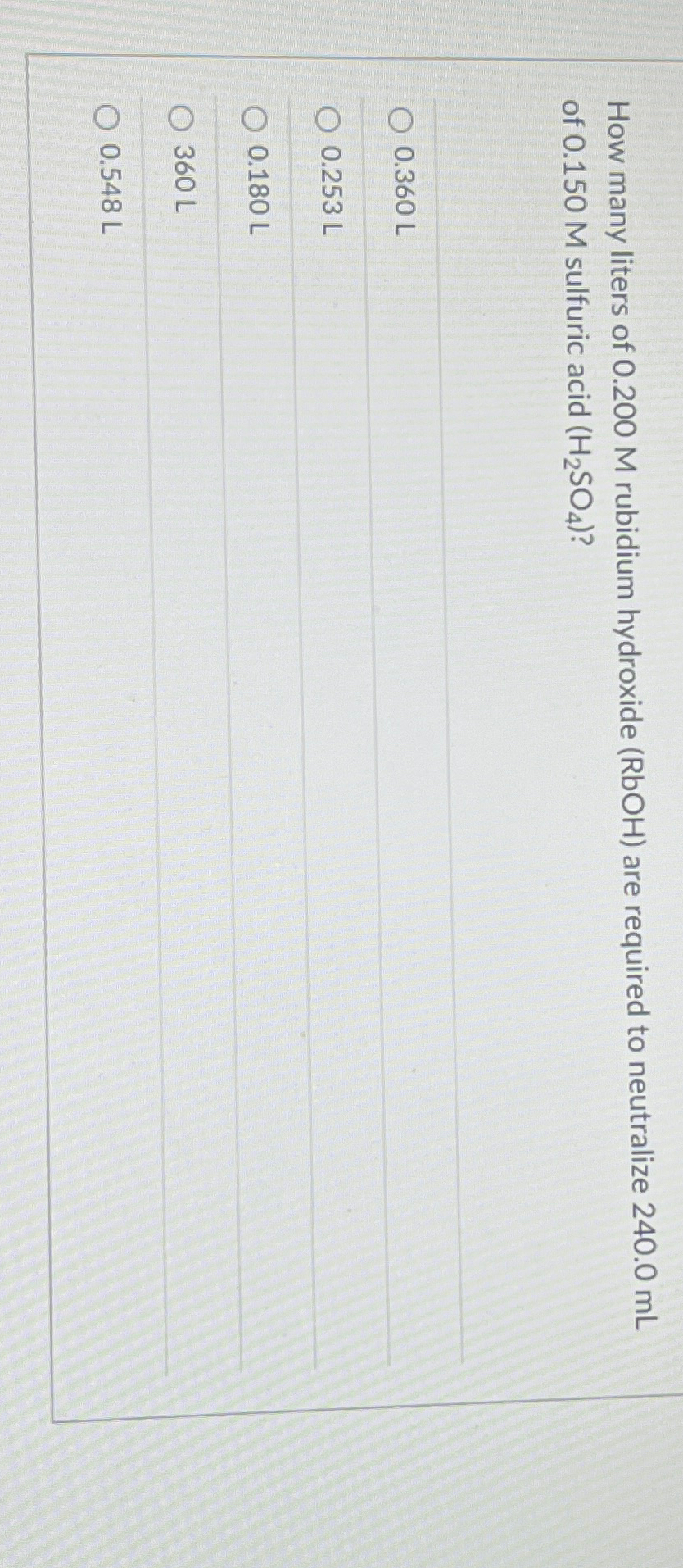 Solved How many liters of 0.200M ﻿rubidium hydroxide (RbOH) | Chegg.com