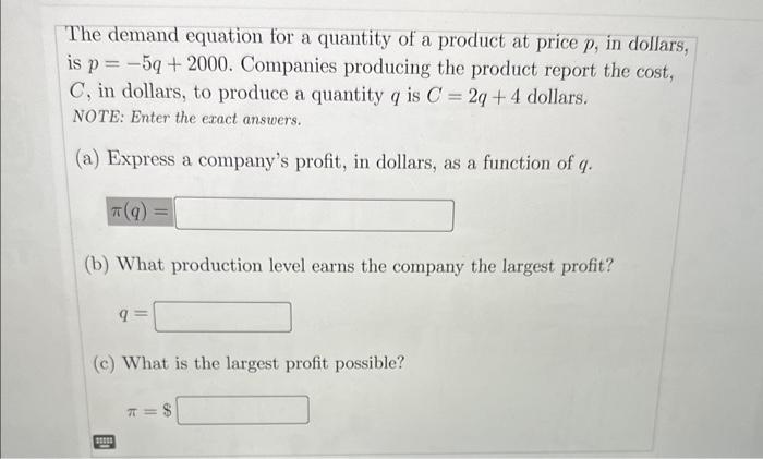 Solved The demand equation for a quantity of a product at | Chegg.com