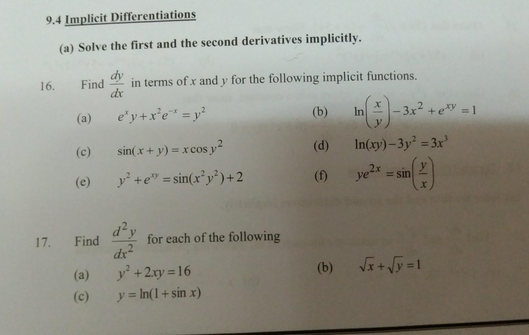 Solved 9.4 Implicit Differentiations (a) Solve the first and | Chegg.com
