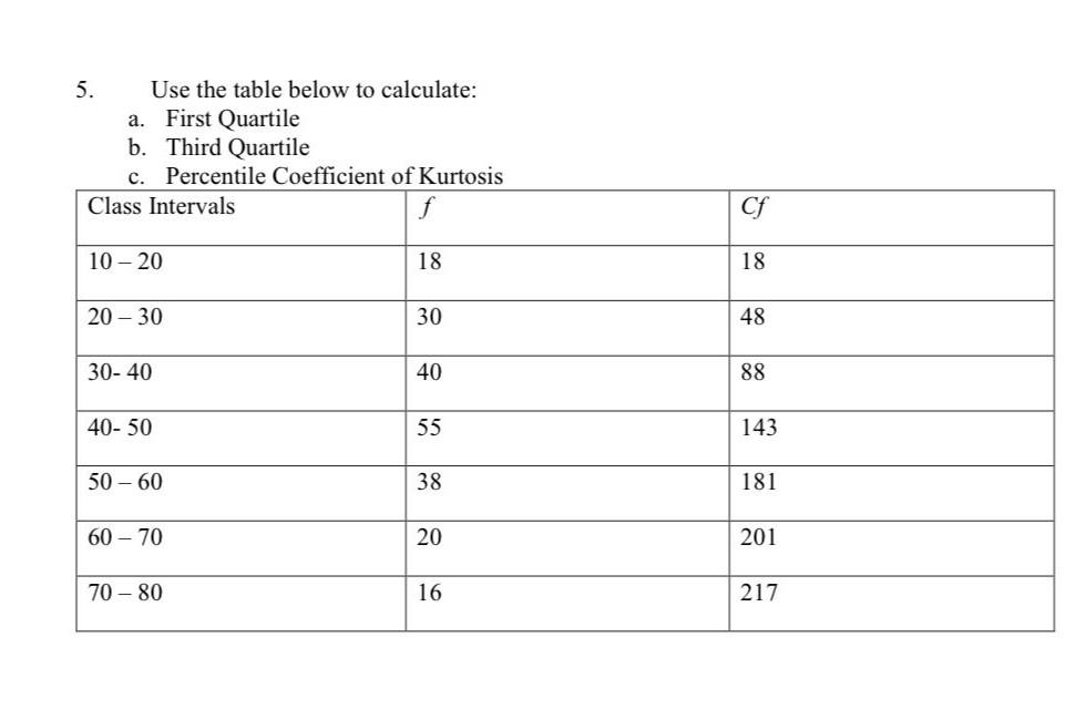 Solved 5. Use the table below to calculate: a. First | Chegg.com