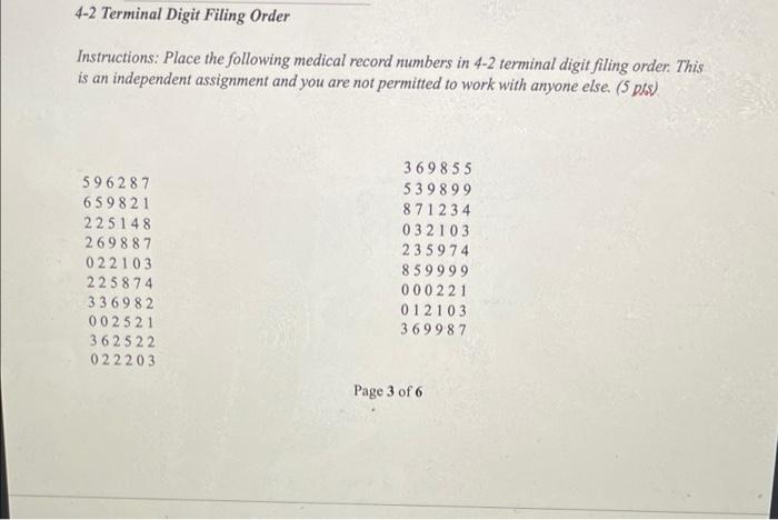 Solved 4-2 Terminal Digit Filing Order Instructions: Place | Chegg.com