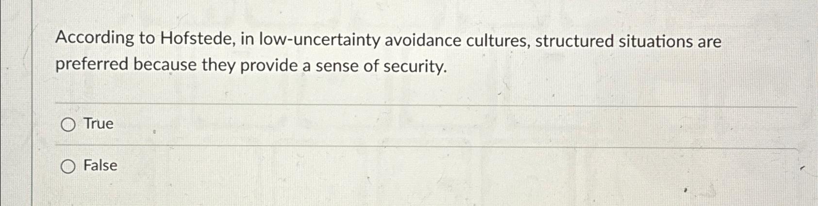 Solved According to Hofstede, in low-uncertainty avoidance | Chegg.com