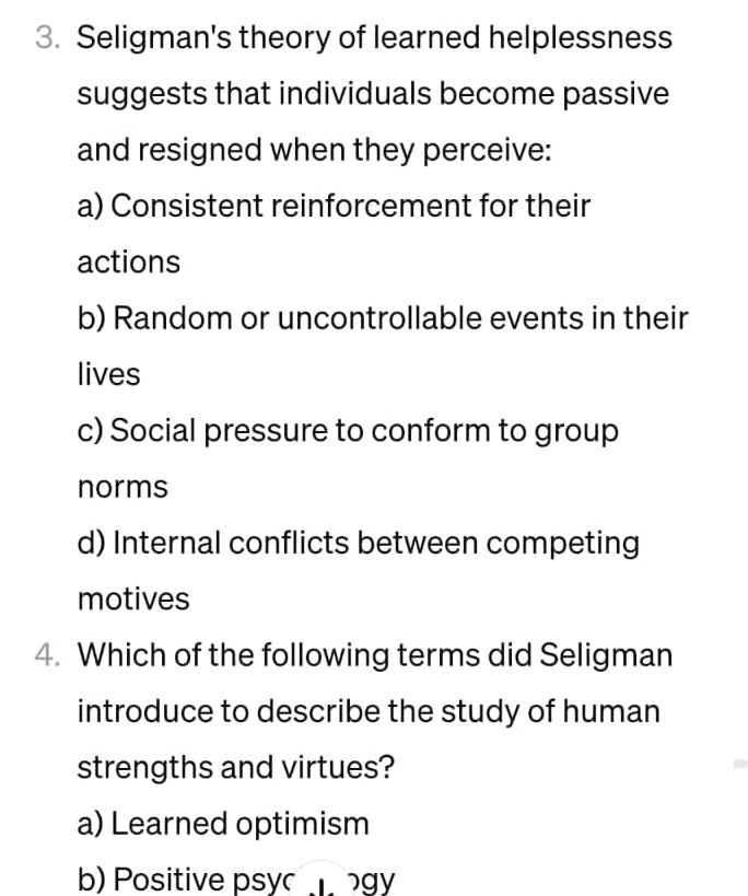 Solved Seligman's theory of learned helplessness suggests | Chegg.com