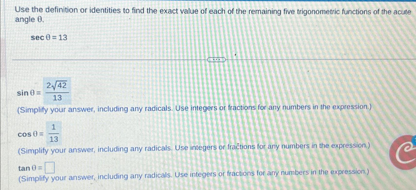 Solved Use the definition or identities to find the exact | Chegg.com