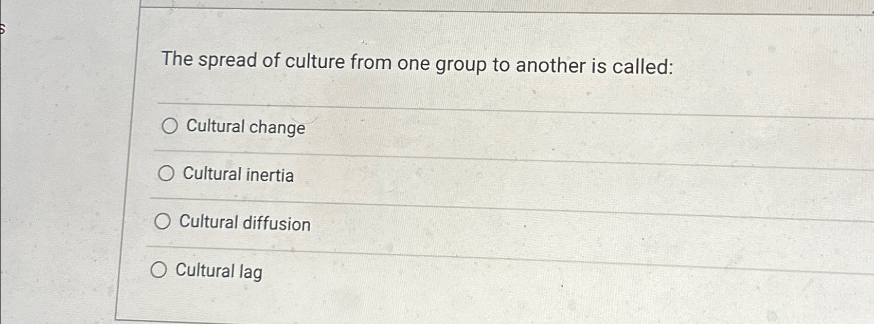 Solved The spread of culture from one group to another is | Chegg.com