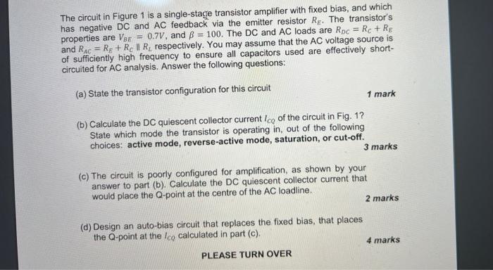 Solved Figure 1. Single-stage transistor amplifierThe | Chegg.com