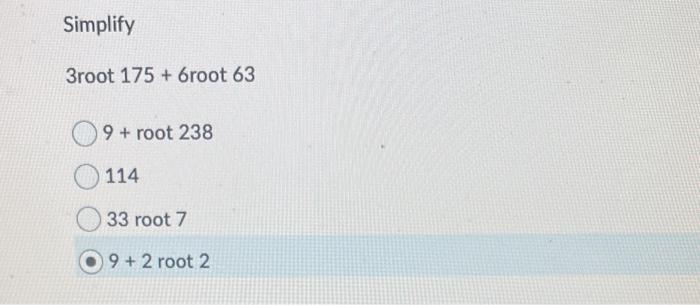 Solved Simplify 3root 175+6 root 639+root23811433 root 79+2 | Chegg.com