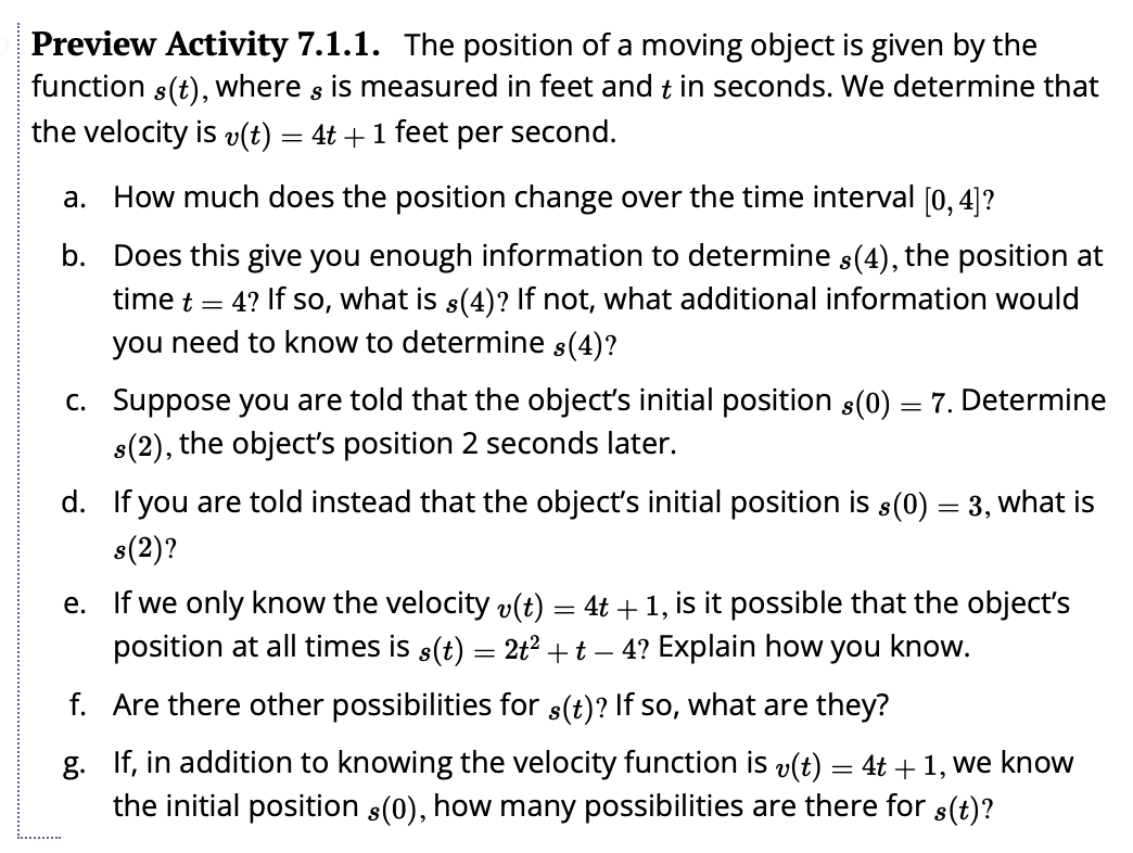 Solved Preview Activity 7.1.1. ﻿The position of a moving | Chegg.com