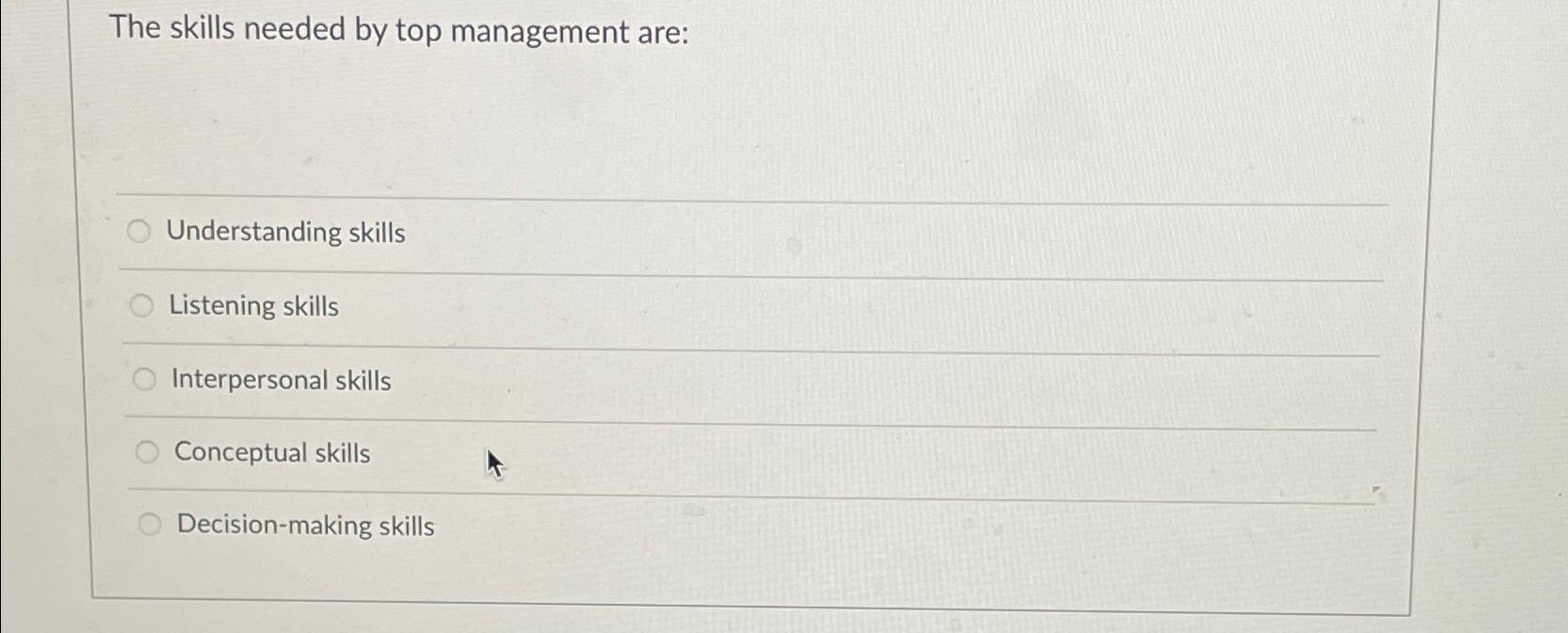 Solved The skills needed by top management are:Understanding | Chegg.com
