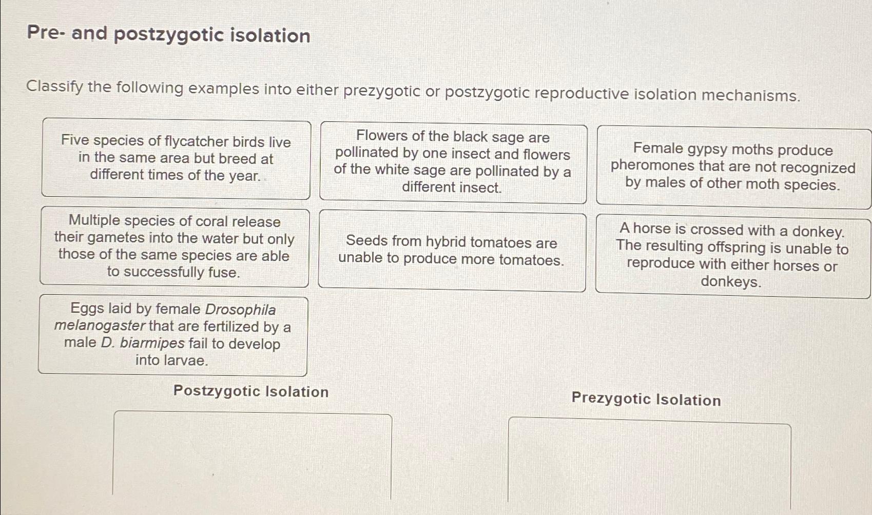 Solved Pre- ﻿and postzygotic isolationClassify the following | Chegg.com
