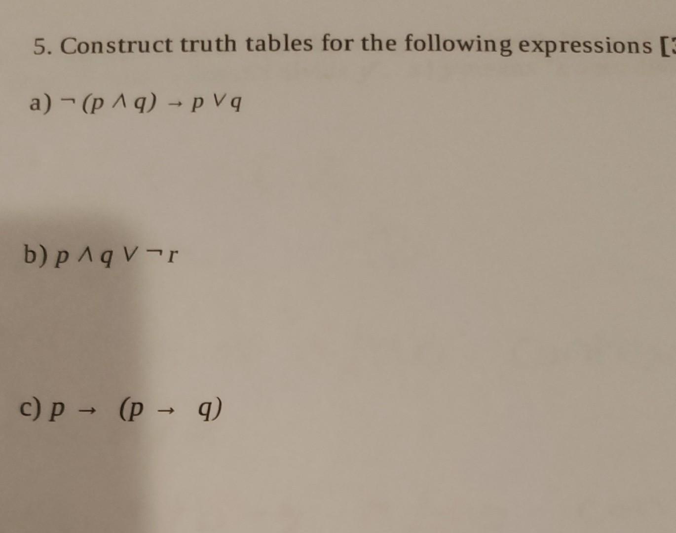 Solved 5. Construct truth tables for the following | Chegg.com
