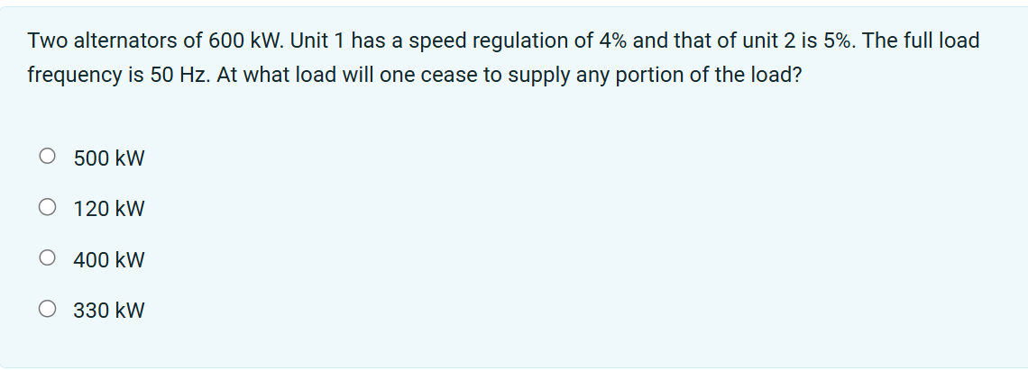 Solved by an EXPERT Two alternators of 600 ﻿kW . ﻿Unit 1 ﻿has a speed | Chegg.com