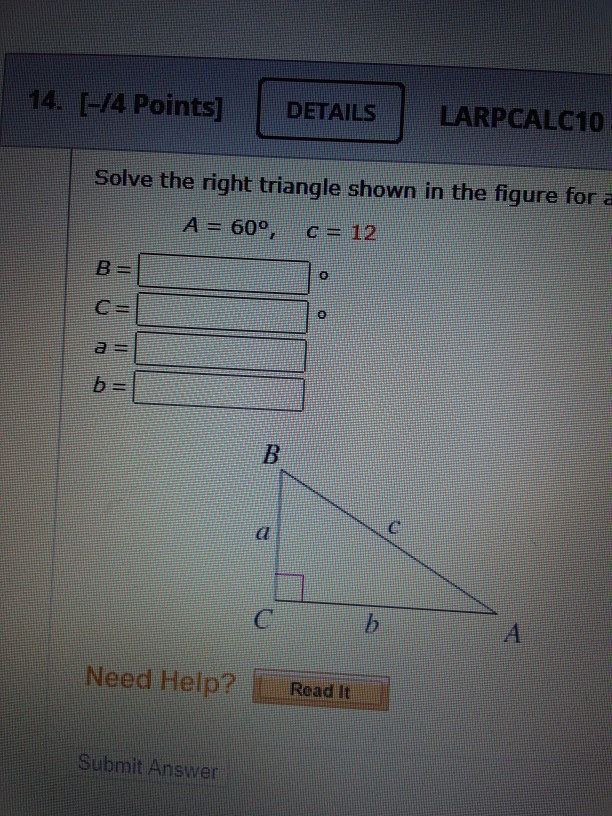 Solved Solve the right triangle shown in the figure for all | Chegg.com