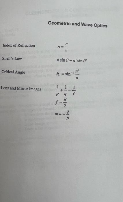 Solved Geometric and Wave Optics Index of Refraction n=vc | Chegg.com