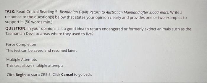 TASK: Read Critical Reading 5: Tasmanian Devils | Chegg.com