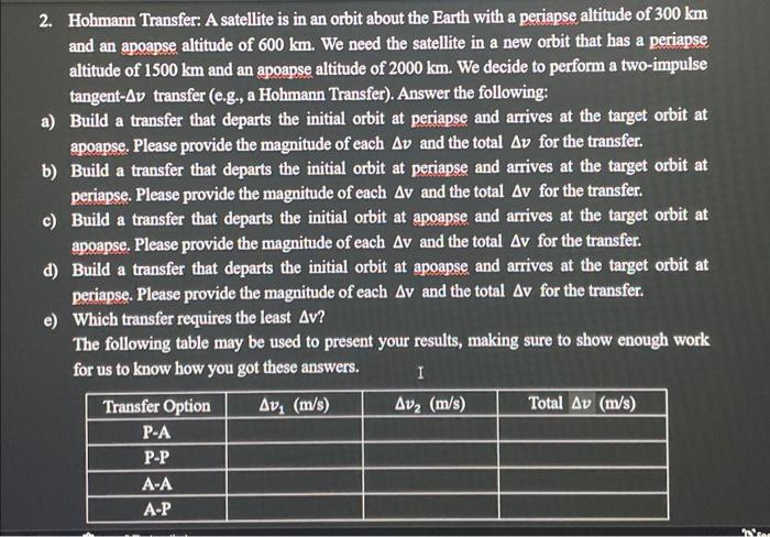 Solved 2. Hohmann Transfer: A satellite is in an orbit about | Chegg.com