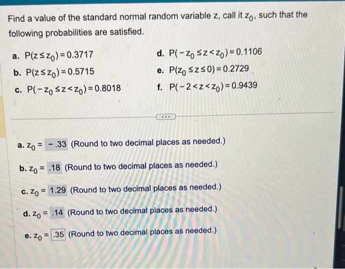 Solved Find a value of the standard normal random variable | Chegg.com