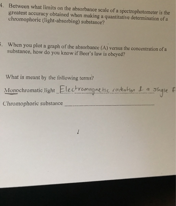 Solved 4. Between what limits on the absorbance scale of a | Chegg.com