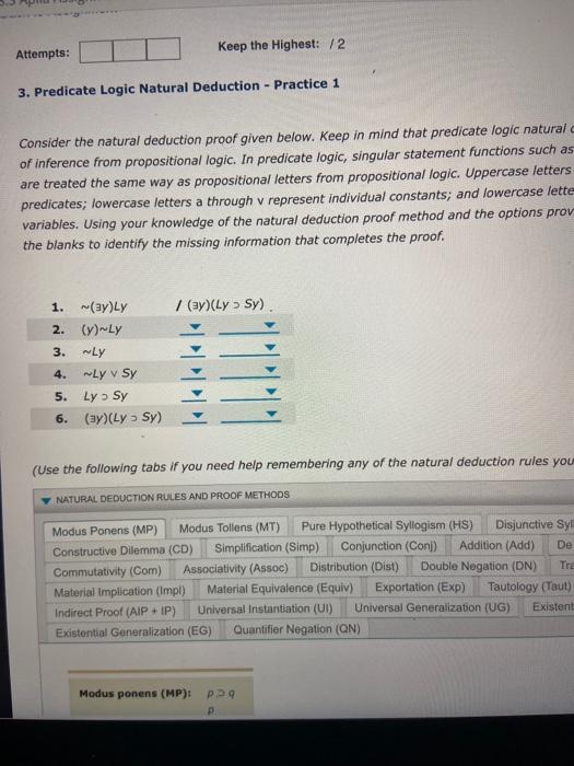 Solved Keep the Highest: /2 Attempts: 3. Predicate Logic | Chegg.com