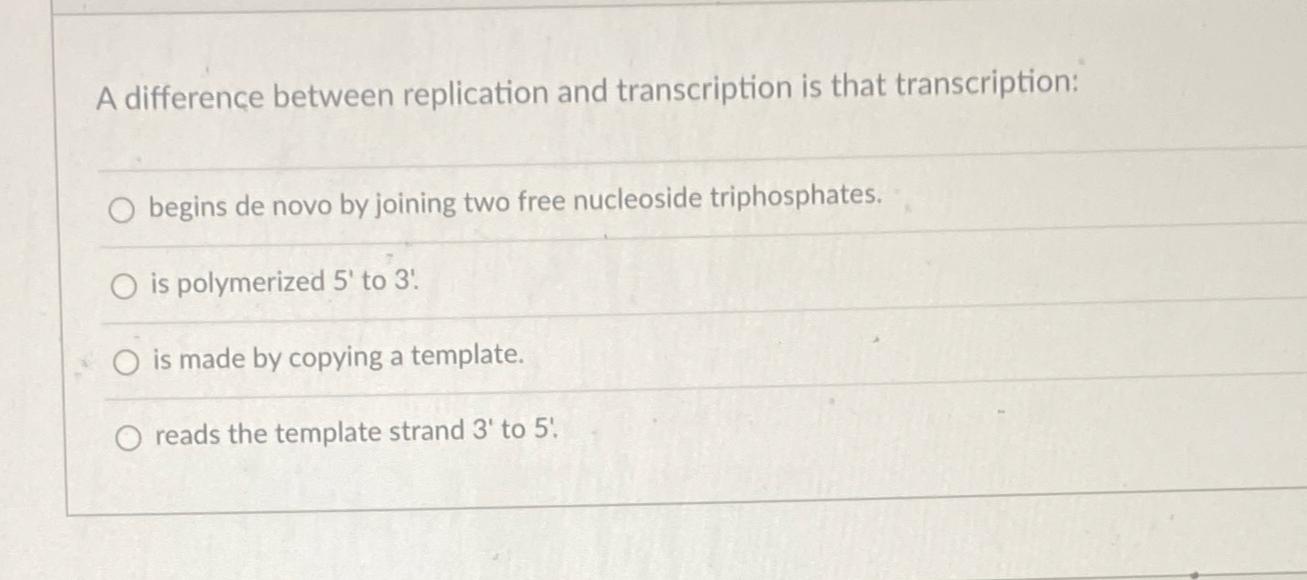 Solved A difference between replication and transcription is | Chegg.com