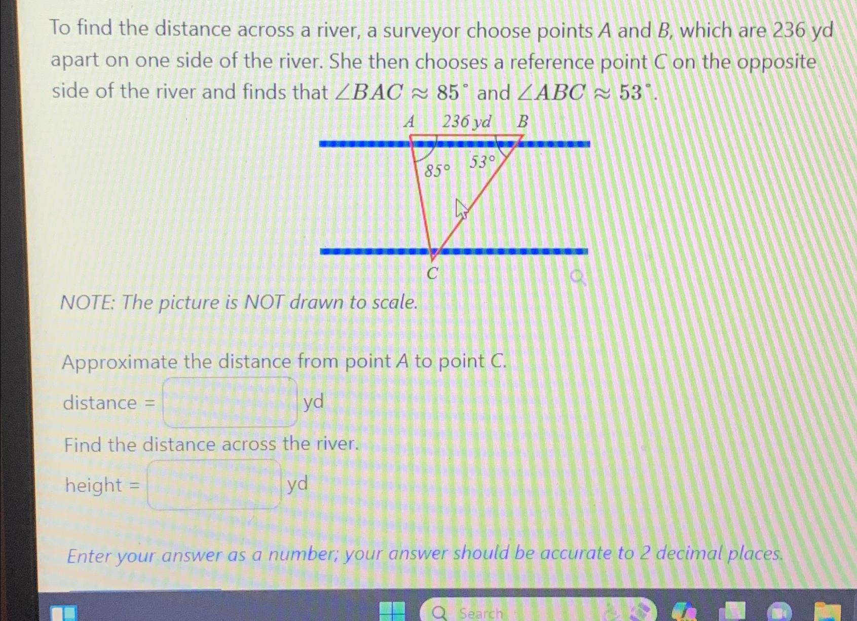 Solved To find the distance across a river, a surveyor | Chegg.com