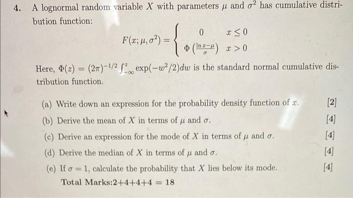 Solved 4. A lognormal random variable X with parameters u | Chegg.com