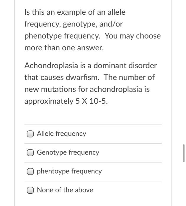 Solved Is this an example of an allele frequency, genotype, | Chegg.com