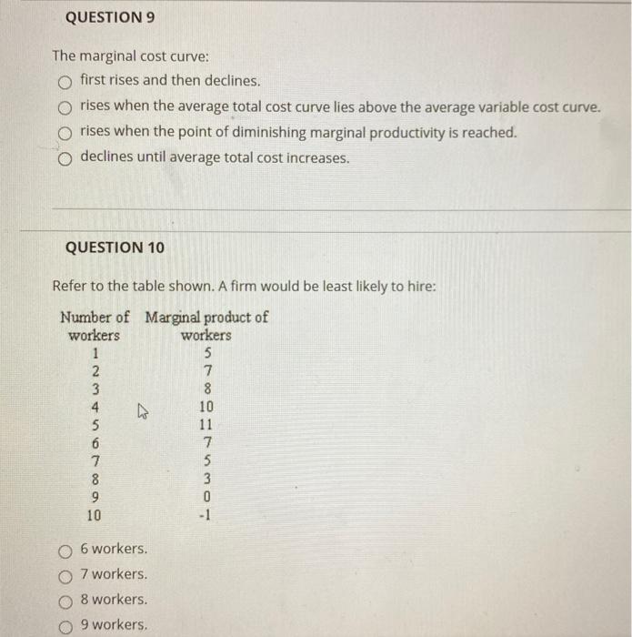 Solved QUESTION 9 The marginal cost curve: first rises and | Chegg.com