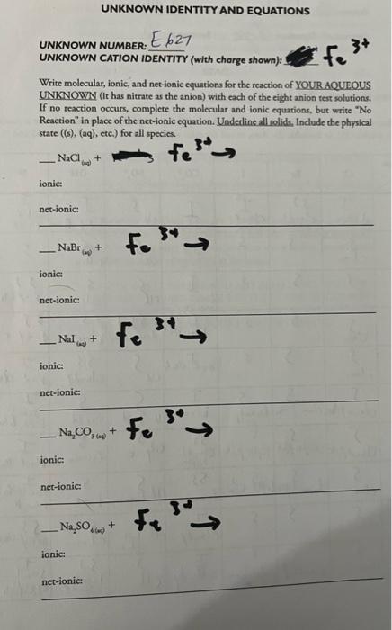 Solved UNKNOWN NUMBER: E 627 UNKNOWN CATION IDENTITY (with | Chegg.com