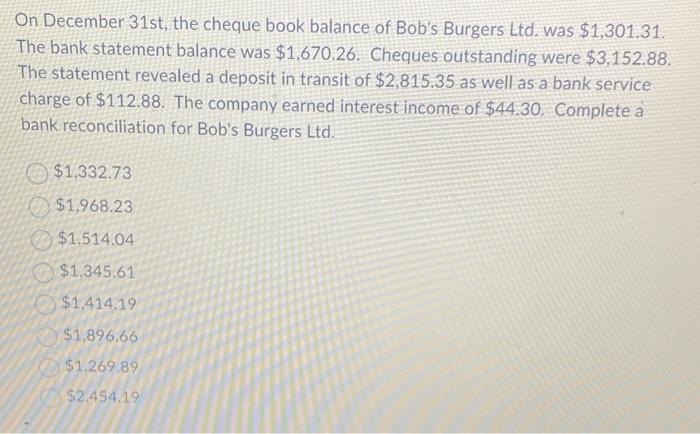 Solved On December 31st, the cheque book balance of Bob's | Chegg.com
