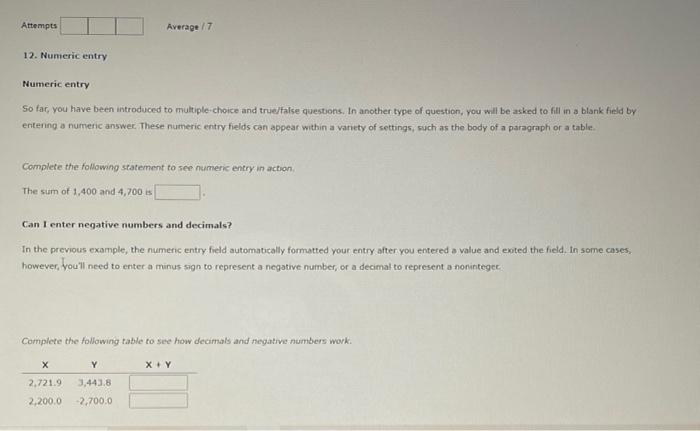 Solved Attempts Average / 7 12. Numeric entry Numeric entry | Chegg.com