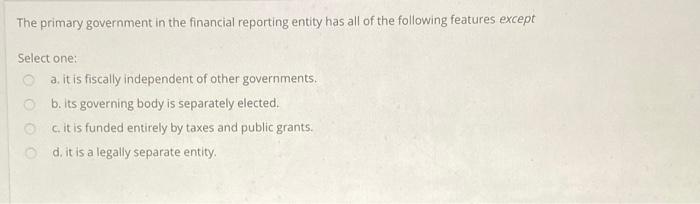 Solved The primary government in the financial reporting | Chegg.com