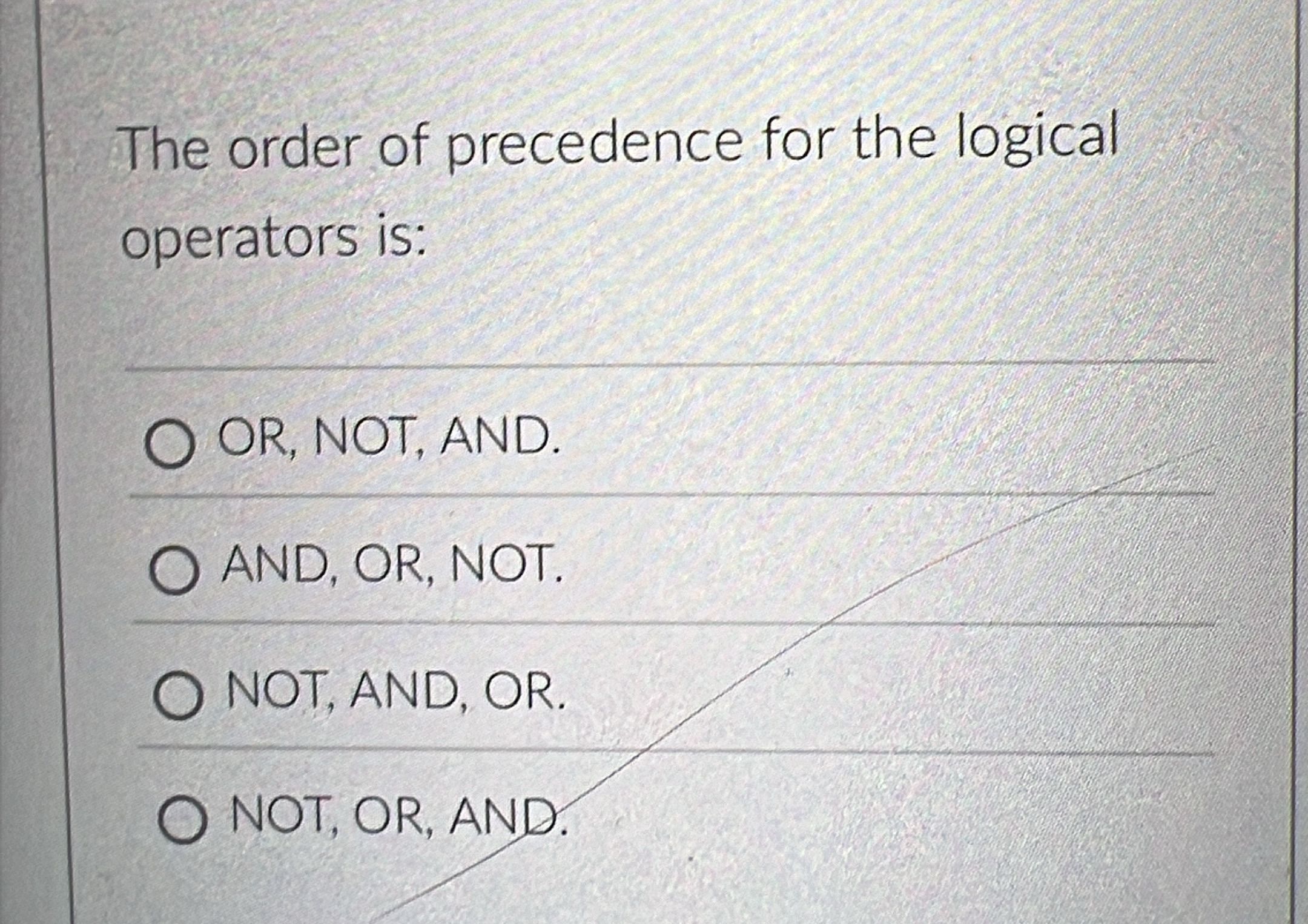 Solved The order of precedence for the logical operators | Chegg.com