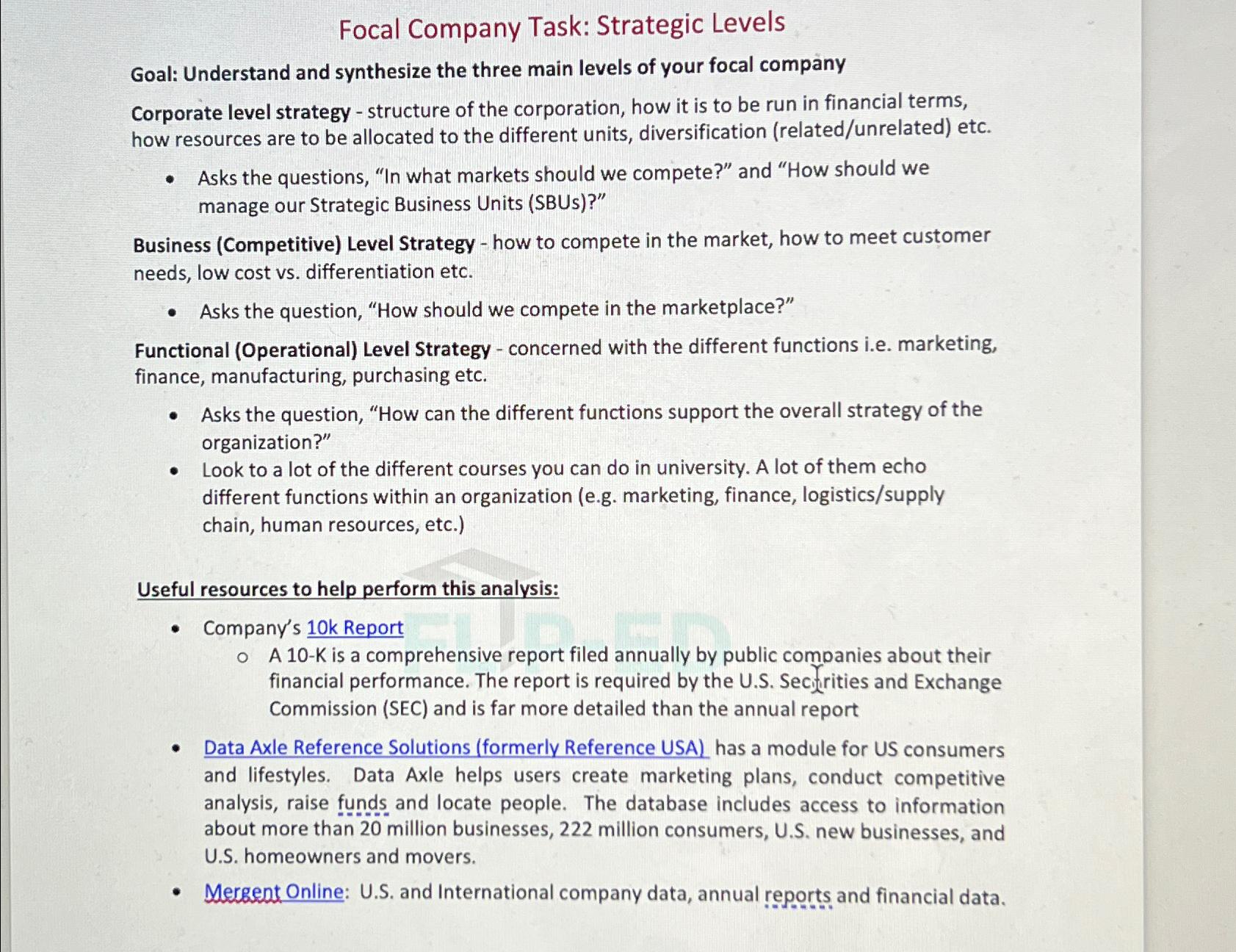 Solved Focal Company Task: Strategic LevelsGoal: Understand | Chegg.com