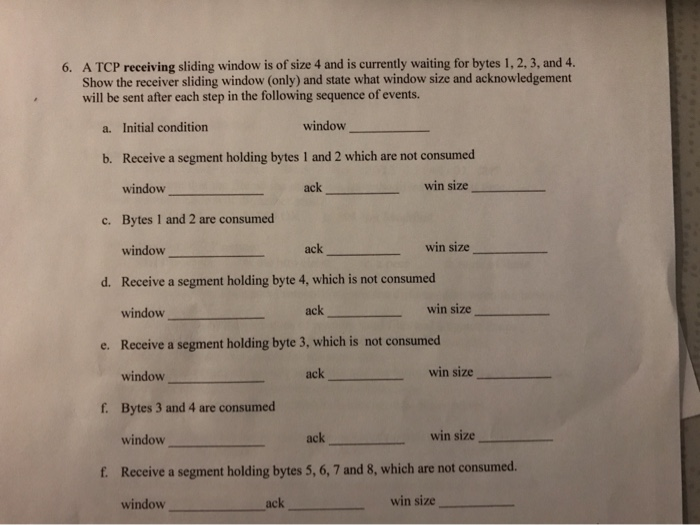 Solved 6. A TCP receiving sliding window is of size 4 and is | Chegg.com