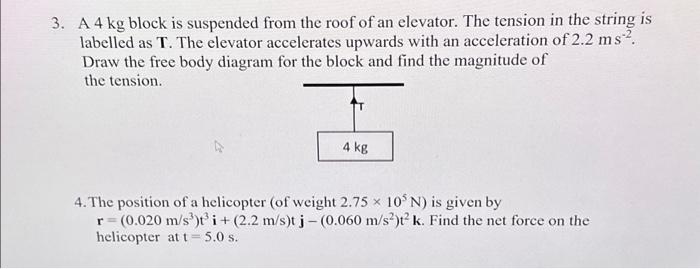 Solved 3. A 4 kg block is suspended from the roof of an | Chegg.com