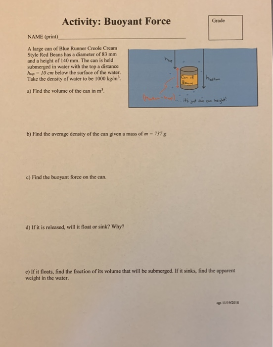 Solved Activity: Buoyant Force Grade NAME (print) A large | Chegg.com