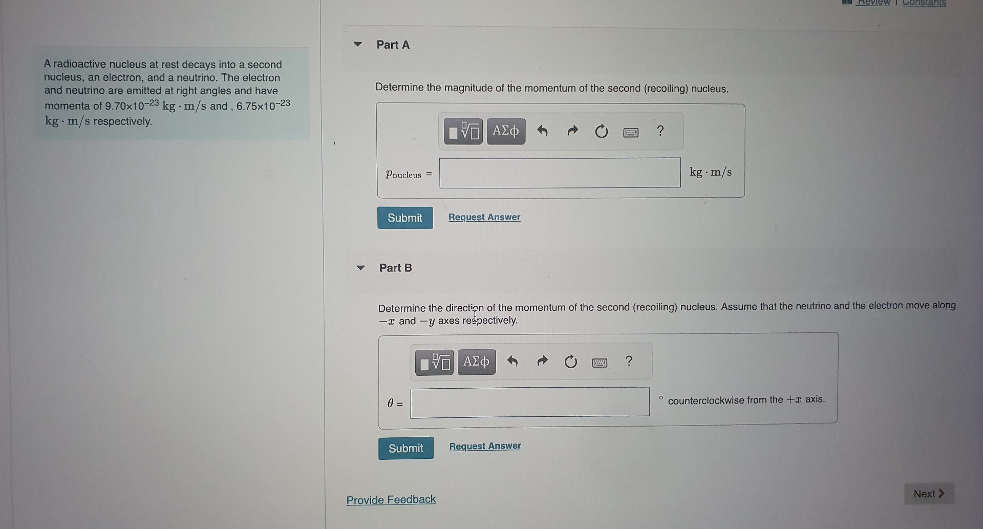 Solved neviewconstanisA radioactive nucleus at rest decays | Chegg.com