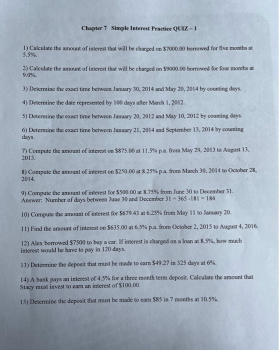 Solved Chapter 7 Simple Interest Practice QUIZ - 1 1) | Chegg.com